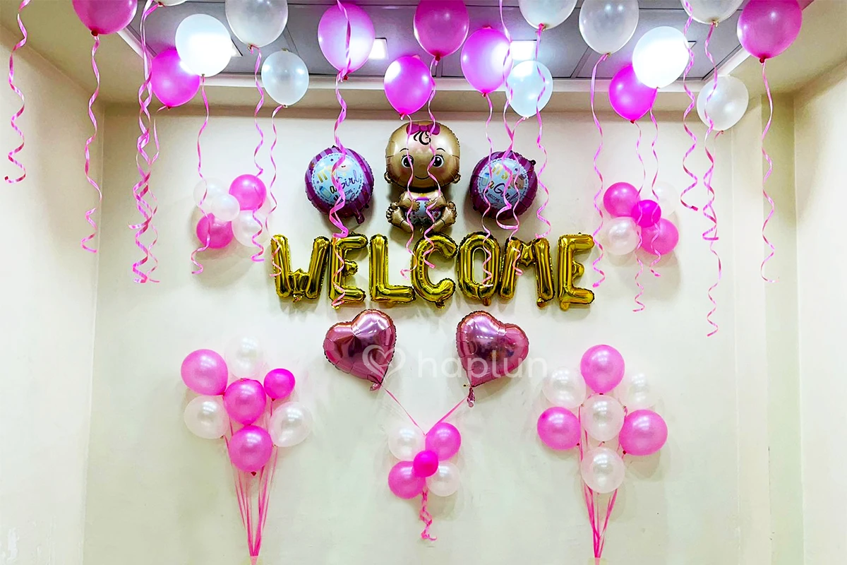 Baby Girl Welcome Home Balloon Decoration, Welcome New Born Baby Girl ...